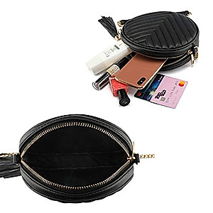CHIC DIARY Small Crossbody Bags for Women Round Quilted Purse with Tassel Faxu Leather Shoulder bag (Black)