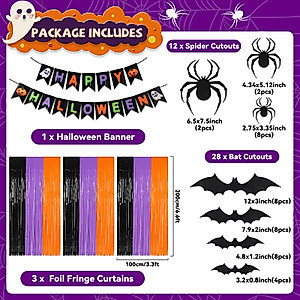 QOUBAI 3Pack Orange Purple Black Foil Fringe Curtains 3.3 X 6.6 ft Decals 1Pc Banner 40Pcs Bat Spider Stickers Halloween Backdrop Streamers for Halloween Photo Booth Prop Wall Party Decorations