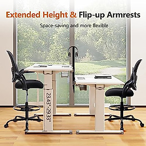 Sweetcrispy Drafting Tall Office Chair, High Ergonomic Standing Desk Computer Chairs-Mid-Back Mesh, Counter Height Stool with Flip-up Arms, Wheels and Adjustable Foot-Ring for Bar, Lab, Work, Black