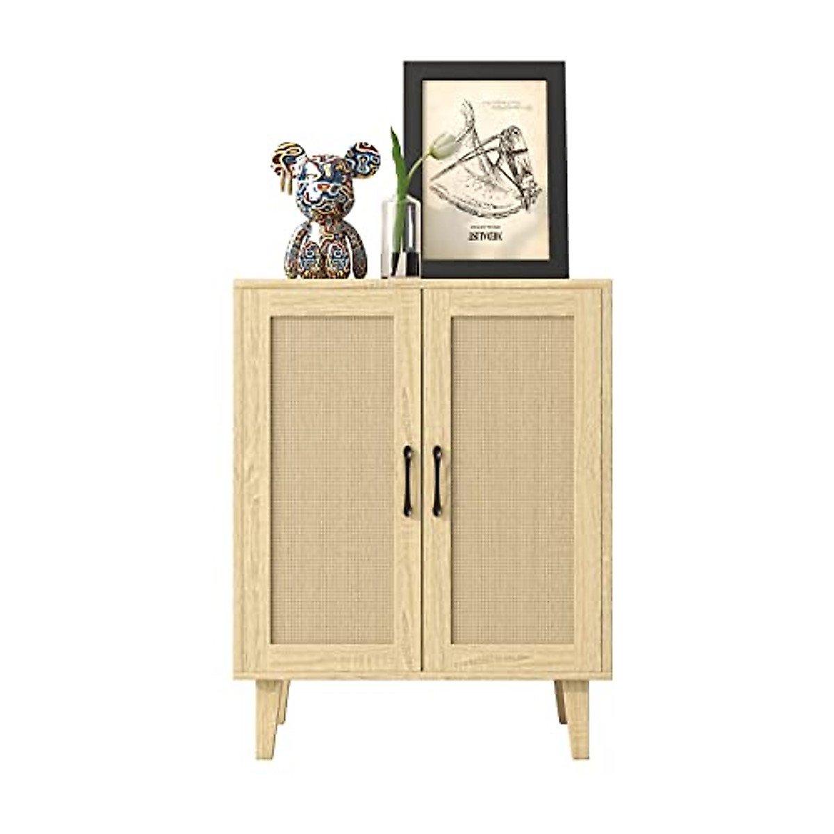 Panana Buffet Cabinet Sideboard with Rattan Decorated Doors Kitchen Storage Cupboard Accent Cabinet (Natural Wood)