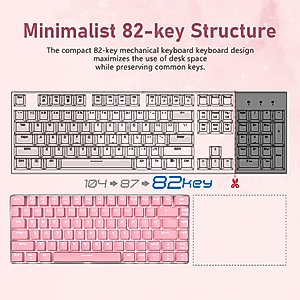 LexonElec Pink Gaming Mechanical Keyboard White Backlit 82 Keys Illuminated Type-C Wired Gaming Keyboard with Red Switches for Computer Gamers (Pink)