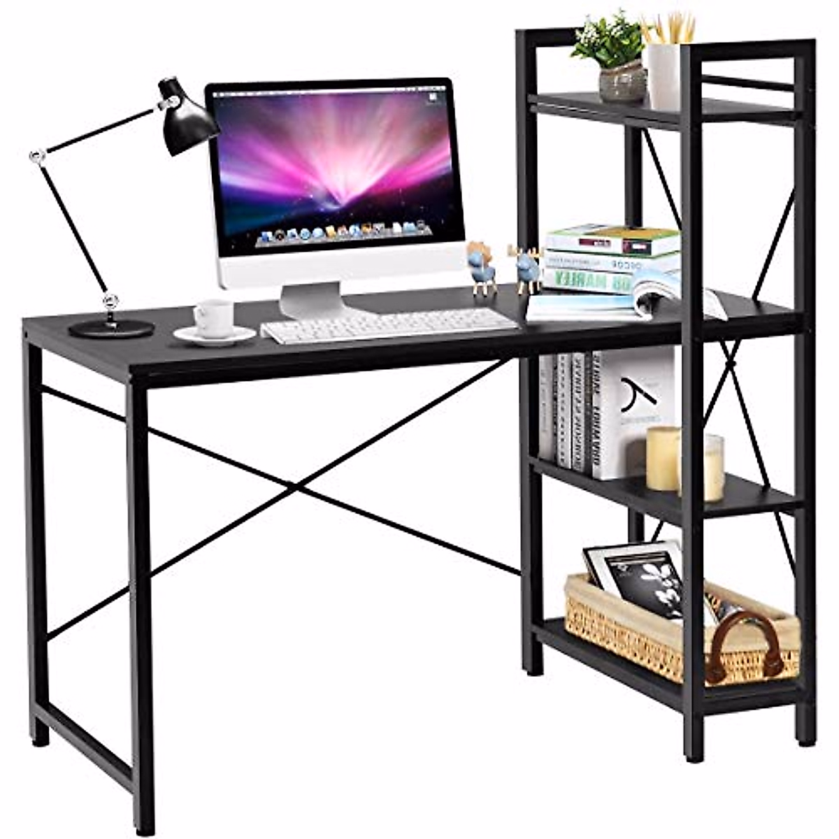 HAPPYGRILL Computer Desk with 4-Tier Bookshelves Writing Study Table Workstation with Tower Storage Shelves for Home Office