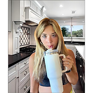 40 OZ Tumbler with Handle and Straw, Insulated Tumbler for Office or Car - Reusable Iced Coffee Cup,Double Vacuum Stainless Steel Travel Coffee Mug,Keep Hot/Cold for Hours (Rose Quartz Swirl)