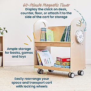 ECR4Kids Mobile Book Cart with Countdown Timer, Classroom Bookshelf, Natural