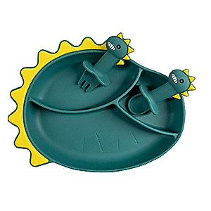 Silicone Suction Baby Plate With Spoon and Fork Dinosaur Baby Plate Set Baby Self Feed Utensils Baby Spoon Baby Fork Suction Plate
