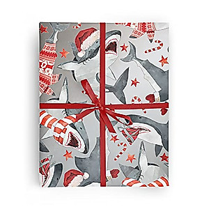 REVEL & Co Christmas Sharks FOLDED Wrapping Paper, Festive Great White Sharks with Santa Hats, 10 Feet Long Folded Boy's Christmas Giftwrap