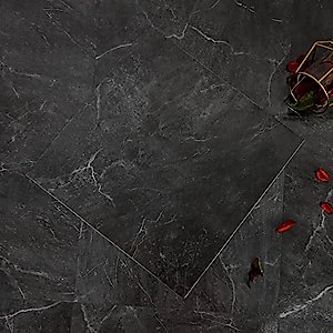 Peel and Stick Floor Tile, Black Grey Marble Vinyl Flooring, Durable and Waterproof for Update Bathroom Kitchen Basement, 11.8x11.8In, 10 PCS