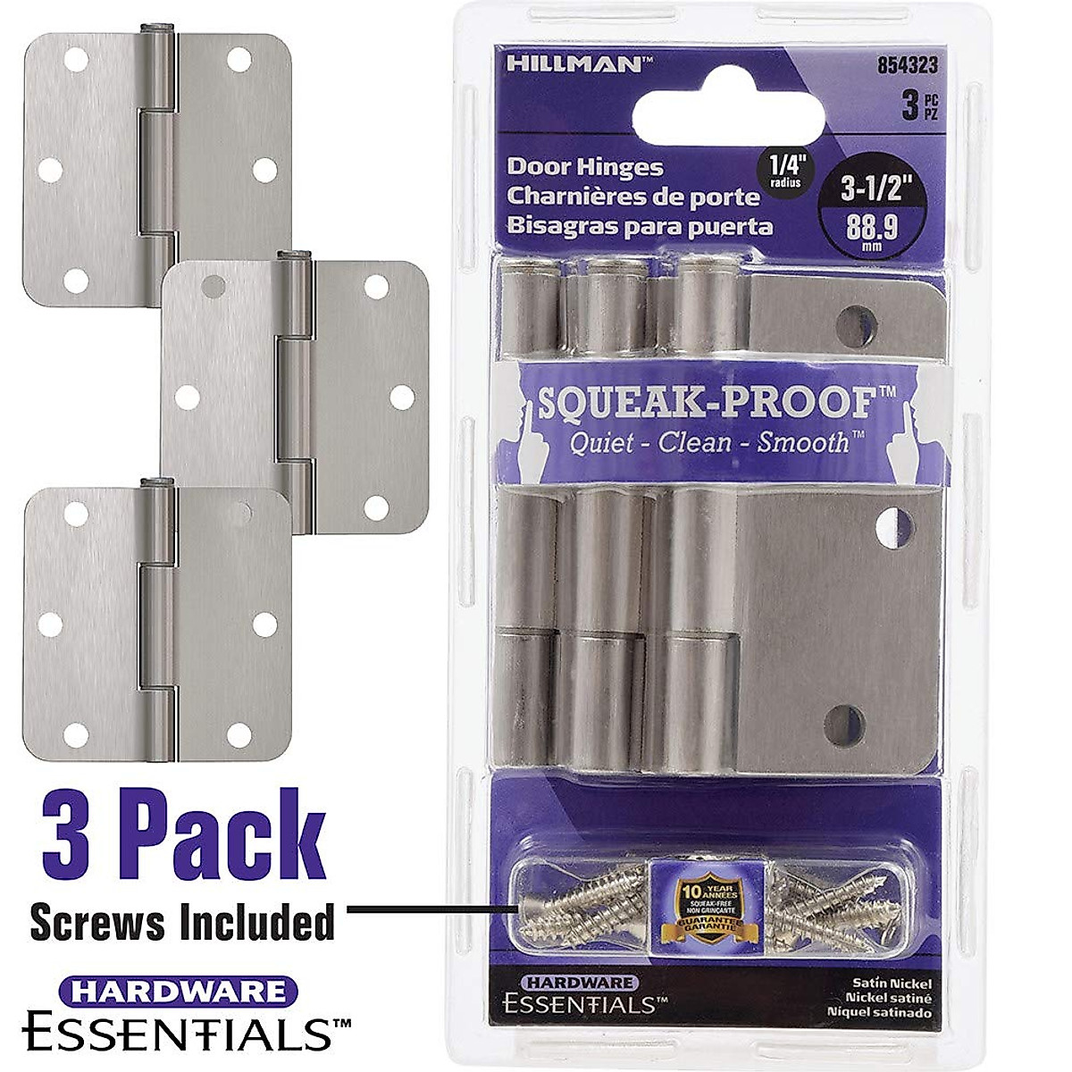 Hardware Essentials 854323 Smooth Corner Squeak-Proof Door Hinges, 3-1/2 inch, 3-1/2", Satin Nickel, 3 Pieces