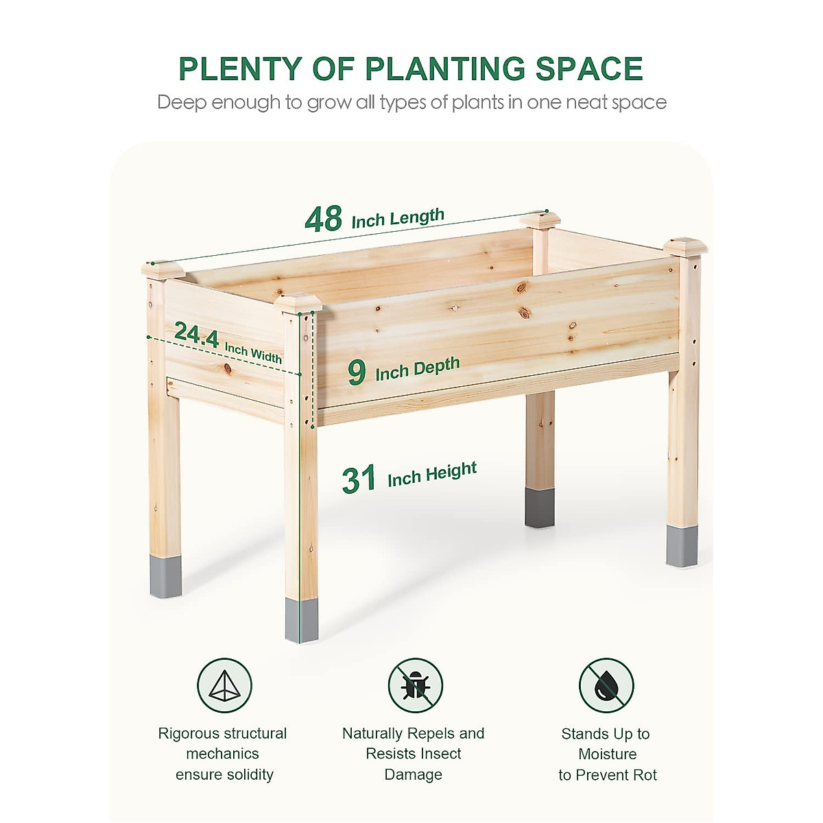 MIXC Wooden Raised Garden Bed with Legs, 48”L X 24”W, Elevated Reinforced Large Planter Box for Vegetable Flower Herb Outdoors - Beam and Column Structure - Unmatched Strength Outlast