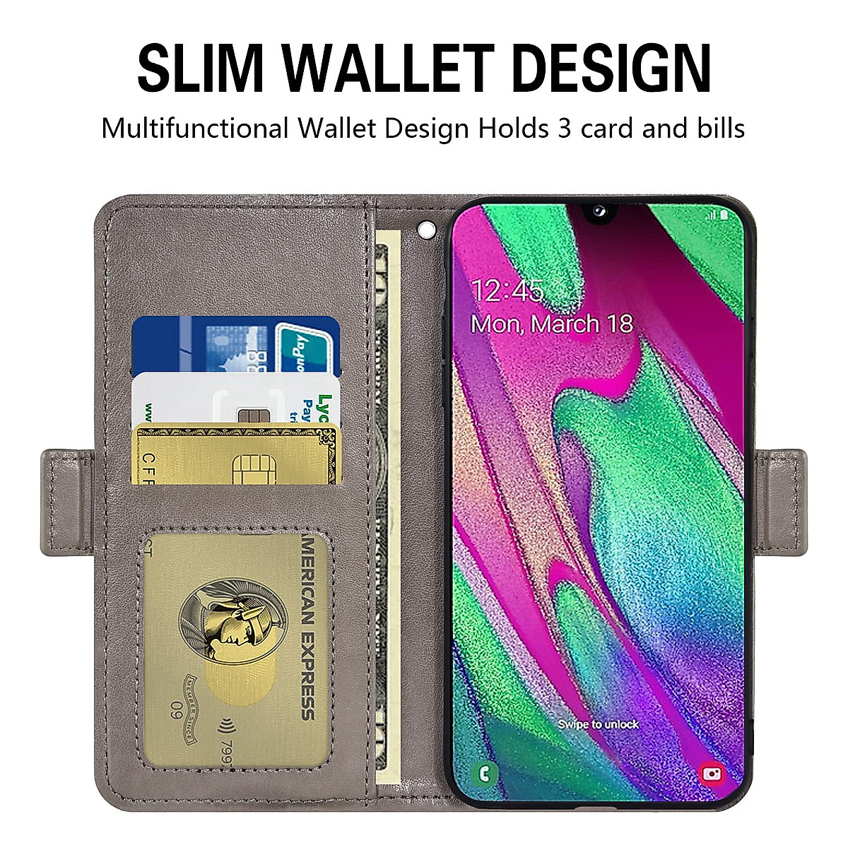 Asuwish Compatible with Samsung Galaxy A40 Wallet Case and Tempered Glass Screen Protector Flip Purse Accessories Wrist Strap Card Holder Cell Phone Cover for Glaxay A 40 Gaxaly 40A Women Men Gray