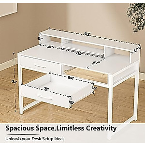 VEELOK Computer Desk with Drawers, 47" Home Office Desk with Monitor Shelf, Writing Desk with Storage, Gaming Desk Work Desk Study Desk for Bedroom, White