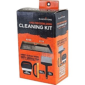 Blackstone 5060 Grill & Griddle Kit 8 Pieces Premium Flat Top Grill Accessories Cleaner Tool Set-1 Stainless Steel 6" Scraper, 3 Scouring Pads, 2 Cleaning Bricks, and 1 Handle, Black