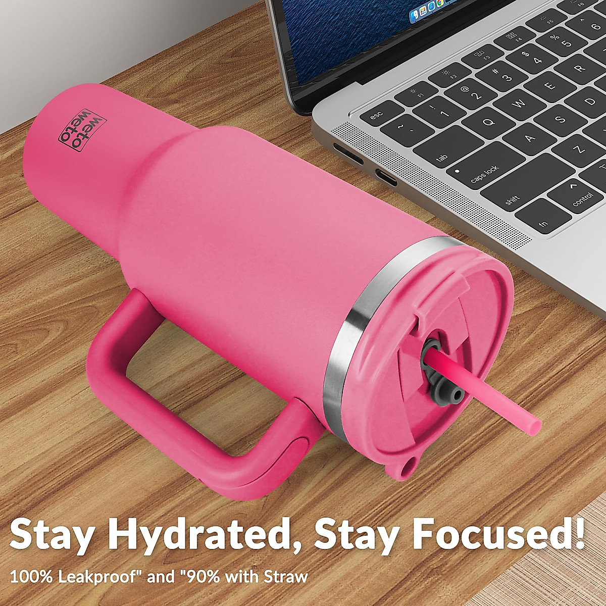 WETOWETO 40oz Tumbler with Handle | Insulated Stainless Steel Travel Mug | 34Hrs Cold & 10Hrs Hot Retention | 100% Leakproof Lid & Straw | Dishwasher Safe + Car Cup Holder Fit (Bright Pink)