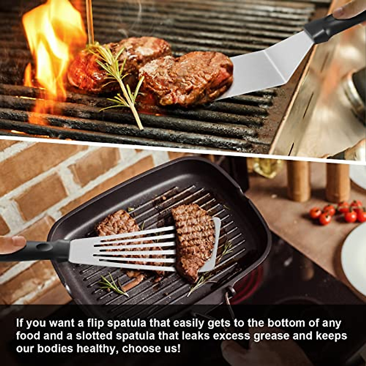2pcs Fish Spatula, Broppiey heavy duty Stainless Steel Metal Spatulas for Cast Iron Skillet, Griddle, Flat Top Grill, Slotted Fish Turner Spatula Can Flipper Egg Pancake Hamburger, Hanging Hole Black