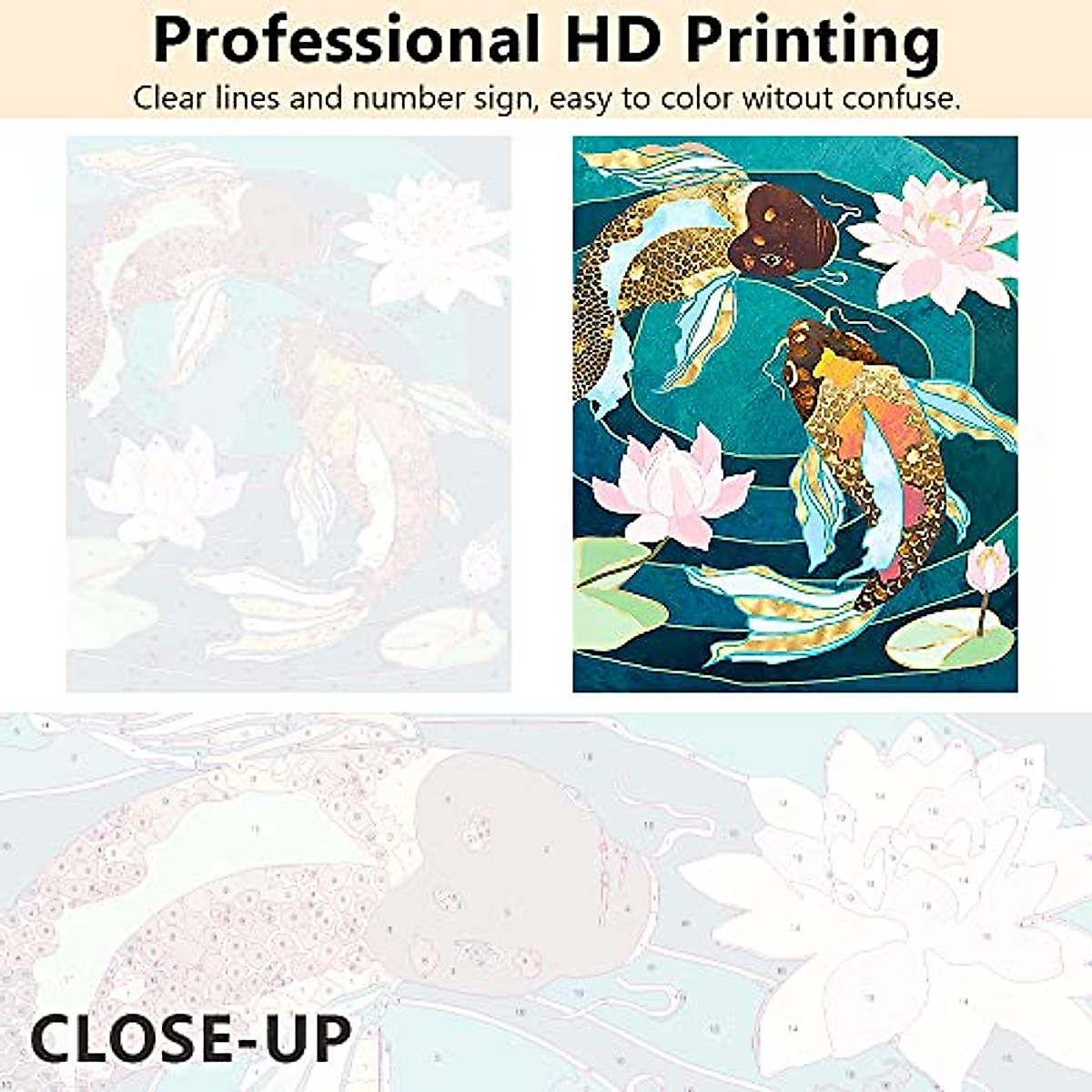 TISHIRON DIY Oil Painting Abstract Koi Paint by Numbers Lotus Kits for Adults Trippy Gold Fish Adult Number Animal on Canvas Wall Decor Living Room, - 16''x20''