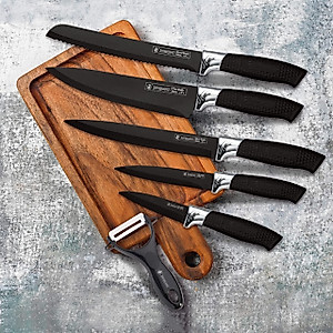 Ceramic Knife Set, Black Coated Knives Set, 6 pieces Stainless Steel Knife Set, BO Oxidation, No Rust, Sharp Black Knife Set with Gift Box for Cooking Cutting and Paring