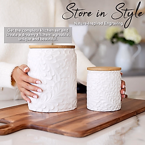 Engraved Ceramic Kitchen Canister - Storage Jars with Airtight Lids Made from Bamboo with Nature-Inspired Engraving - Use as a Pasta Holder, Coffee Ground Holder, Rice Container, Candy Jar - 30 Ounces