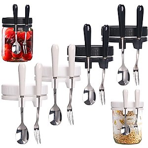 Overnight Oatmeal Lid，Overnight Oats Containers 4 piece set，Pickle Fork ，spoon，Suitable for mason jars and overnight oats jars(black White，Jars not Included)