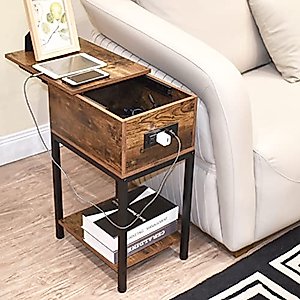 SZLHANJZ Nightstand with Charging Station, Narrow End Table with Storage Drawer, Wood & Metal Narrow Nightstand 2 Tier, Small Sofa Bed Side Table for Living Room Bedroom Dorm, Dark Brown