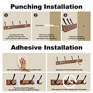 LECHYN 17.3" Small Walnut Wood Coat Rack Wall Mount with 4 Hooks, Heavy Duty Wooden Jacket Hanger Door Mounted for Decorative Entryway and Bathroom Hanging Towel Backpack Purse Clothes Hat Key Black