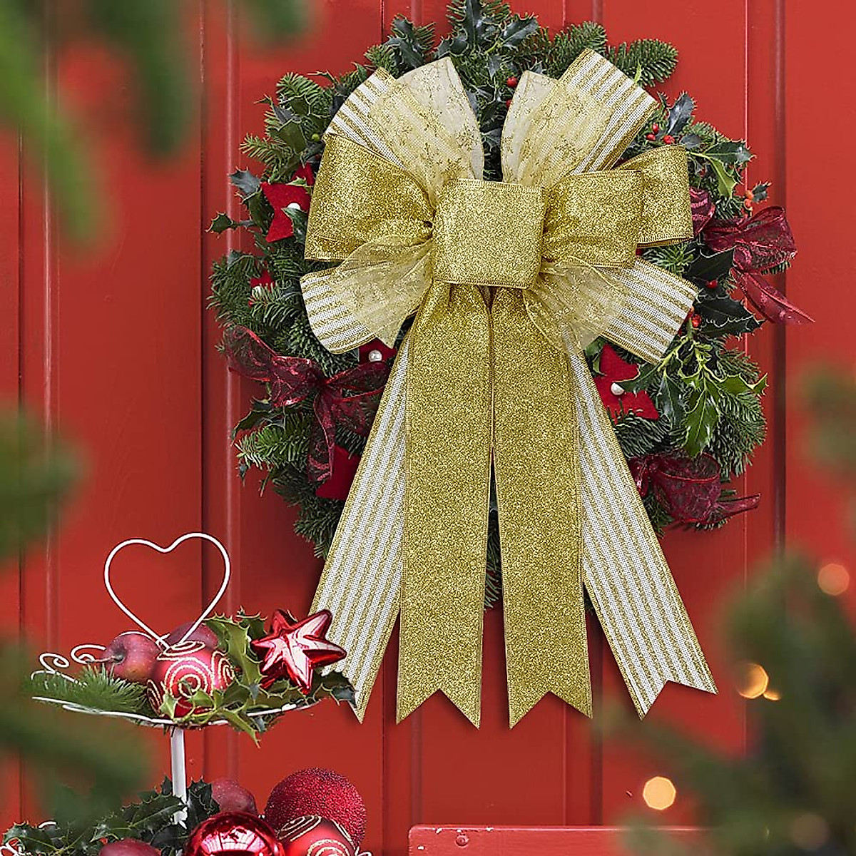 Large Christmas Wreath Bows, Christmas Blue Glitter Ribbon Bows for Wreaths - Large Tree Topper Bows for Christmas Home Garden Indoor Outdoor Decoration Wreath Ornament Supplies, 13.7 x 29.5 Inch