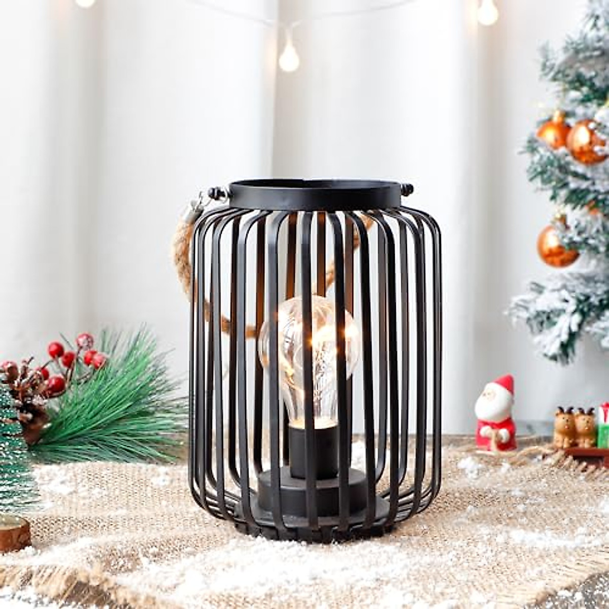 JHY DESIGN 7.5" High Metal Cage Decorative Lamp Battery Powered Cordless Warm White Light with LED Edison Style Bulb Great for Weddings Parties Patio Events Indoors Outdoors with Hemp Rope Handle