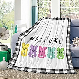 Flannel Fleece Blanket Soft Comfy Throw Blankets 50x60in Easter Colorful Cartoon Rabbit Peeps Warm Cozy Fluffy Plush Lightweight Throw Blanket for Couch Bed Sofa Travel Quote and White Black Lattice