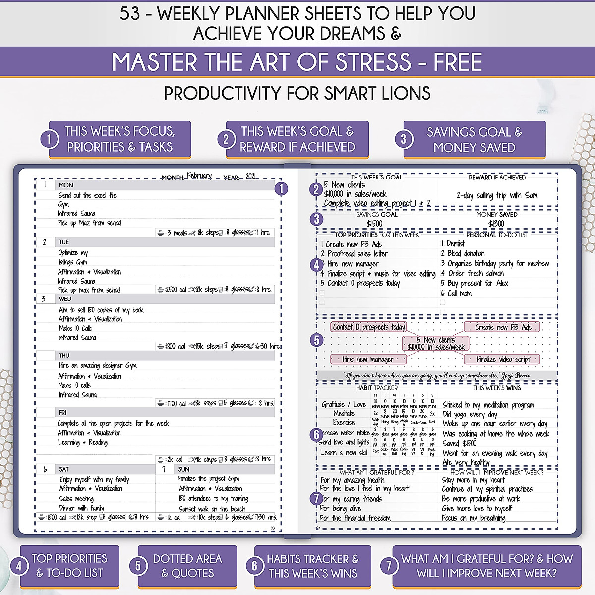 Life & Work Planner - 12 Month Goal Planner, Productivity Planner to Increase Happiness, Daily, Weekly Planner & Monthly Planner, Gratitude Journal, Undated Planner, A5 Size - Horizontal Planner