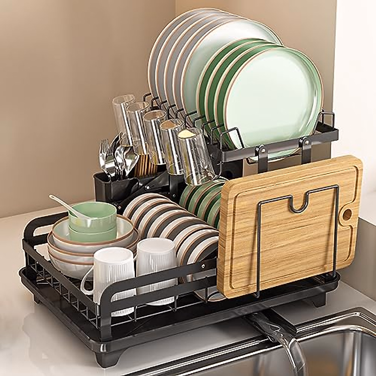 IBEDMAZIE Dish Drying Rack Large Size Without Installation 2-Tier Metal Dish Rack for Kitchen Counter with Drain Board (Black)