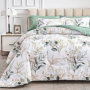 Joyreap 7 Piece Bed in a Bag Queen, Green Leaves Printed on White Botanical Design, Microfiber Comforter Set for All Season (1 Comforter, 2 Pillow Shams, 1 Flat Sheet, 1 Fitted Sheet, 2 Pillowcases)