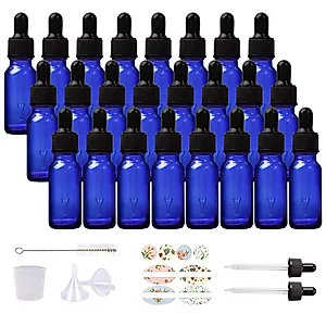 HWASHIN 24 Pack 1/2 oz Cobalt Blue Glass Bottles with Glass Eye Droppers for Essential Oils, Perfumes & Lab Chemicals (Brush, Funnels, 2 Extra Droppers, 36 Pcs Labels & Measuring Cup Included)