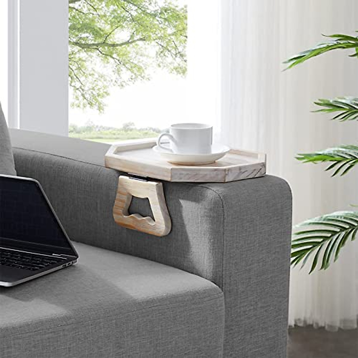 Vesuna Sofa Armrest Clip Tray Table, Sofa Couch Arm Rest Organizer, Sofa Arm Table, Cup Holder, Wooden Sofa Clip Tray for Drinks/Remote Control/Snacks, Rustic White