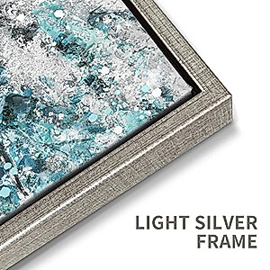 Abstract Landscape Canvas Wall Art: Blue Tree Blooming Pictures Large Nature Maple Oil Painting Print Framed Glitter Silver Foil Contemporary Hand Painted Artwork for Modern Living Room Bedroom Bathroom