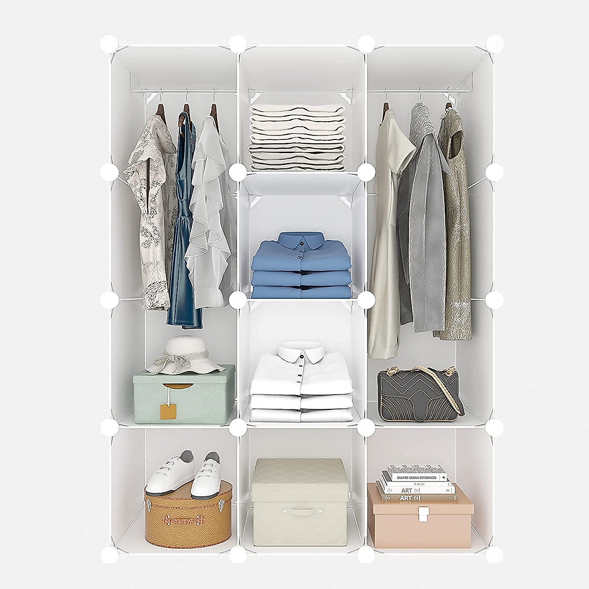 Choies DIY Portable Storage Organizer with Door,14"x18" Depth Cube Clothes Closets,12 Cubes, Portable Wardrobe Closets, Storage Cabinet,Organizer Shelving Bookshelf Toy Organizer(White)