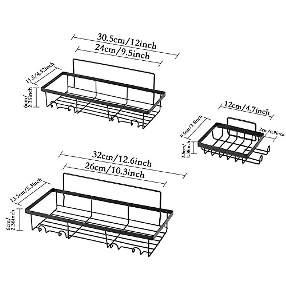 Shower Caddy, Adhesive Shower Organizer, Shower Shelf with 8 Removable Hooks, No Drilling, Rustproof Stainless Steel Black Shower Storage Basket Shelf for Kitchen, Bathroom