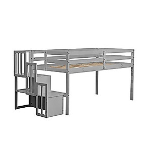 Olela Twin Loft Bed,Wooden Low Loft Bed with Stairs for Kid Junior,No Box Spring Needed,Easy to Assembly (Grey, No Slide)