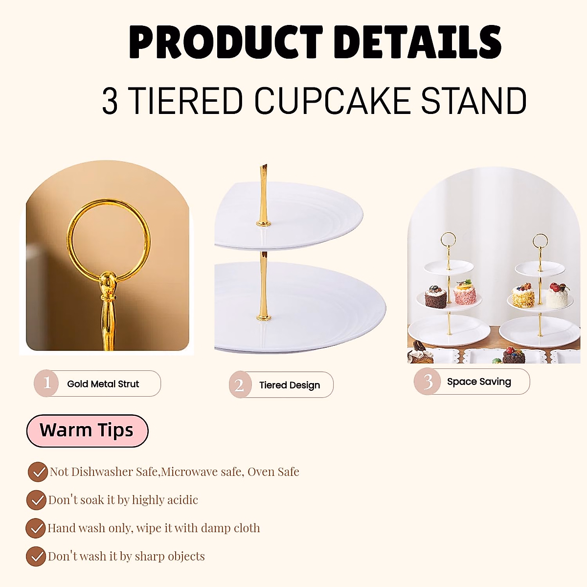 RAUVOLFIA 2 Pack Small Dessert Cupcake Stand, 3 Tier Cup Cake Holder Tower for Tea Party/Birthday/Wedding, Plastic Tiered Serving Tray (Gold Metal Rod)