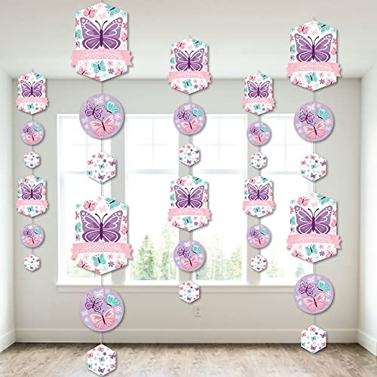 Big Dot of Happiness Beautiful Butterfly - Floral Baby Shower or Birthday DIY Dangler Backdrop - Hanging Vertical Decorations - 30 Pieces