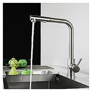 JEMITA Pull Out Kitchen Sink Faucet Silver Black Stainless Steel Single Handle Hot & Cold Mixer Tap Stream Sprayer Head Swivel Faucets (Color : Silver)