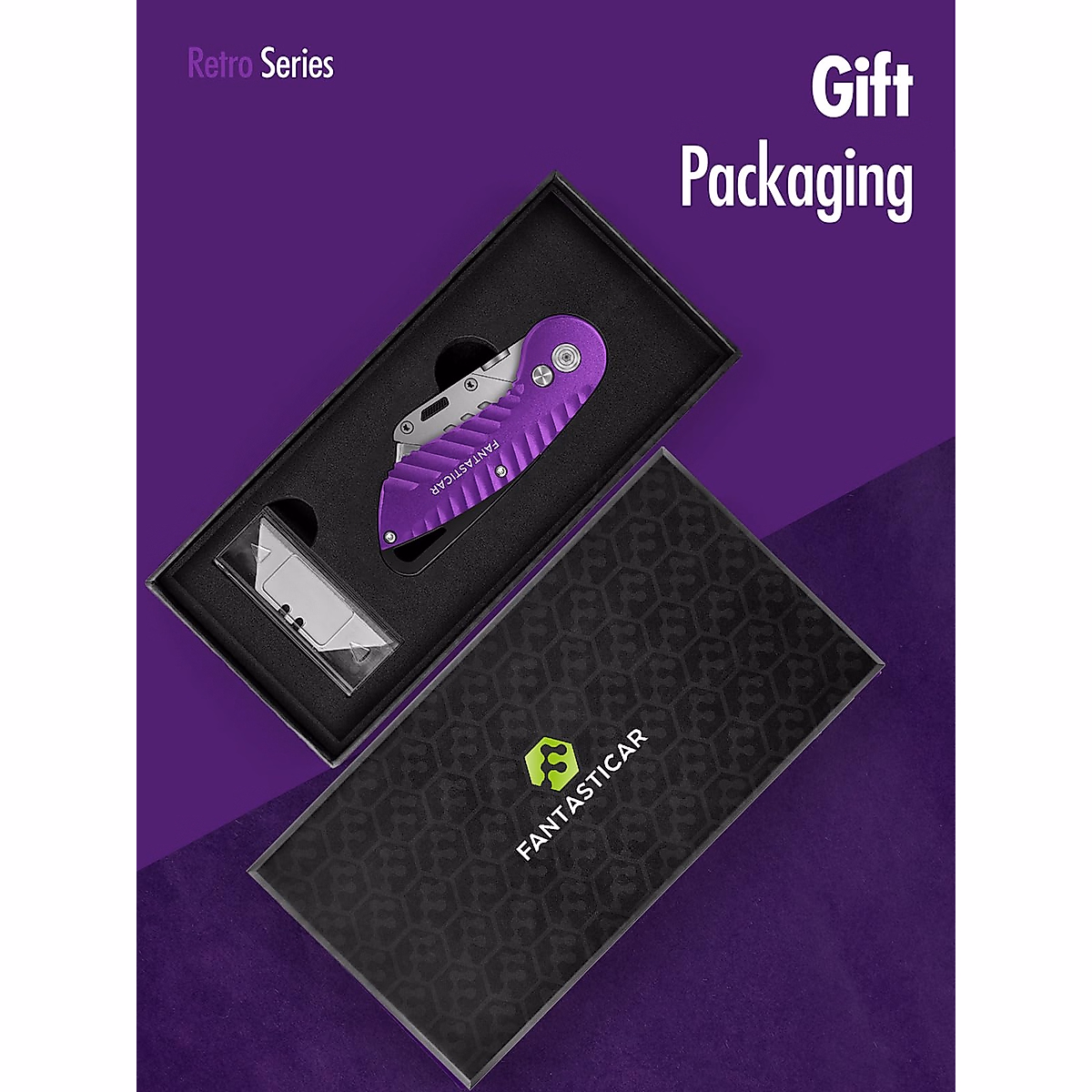 FantastiCAR Folding Utility Knife, Sturdy Metal Box Cutter with Extra 5 Blades, Quick Blade Change, and Preminium Gift Packaging, for Cardboard Opener, Paper Cutter (Retro Purple)