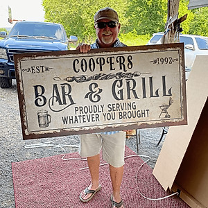 Tailored Canvases Custom Bar and Grill Sign - Canvas Wall Art Decor for Man Cave, Hideout, Kitchen, Pub, Diner and Restaurant - Rustic Bar & Grill Hook on Cloth with 1 Beer Mug and Griller, 48x16in