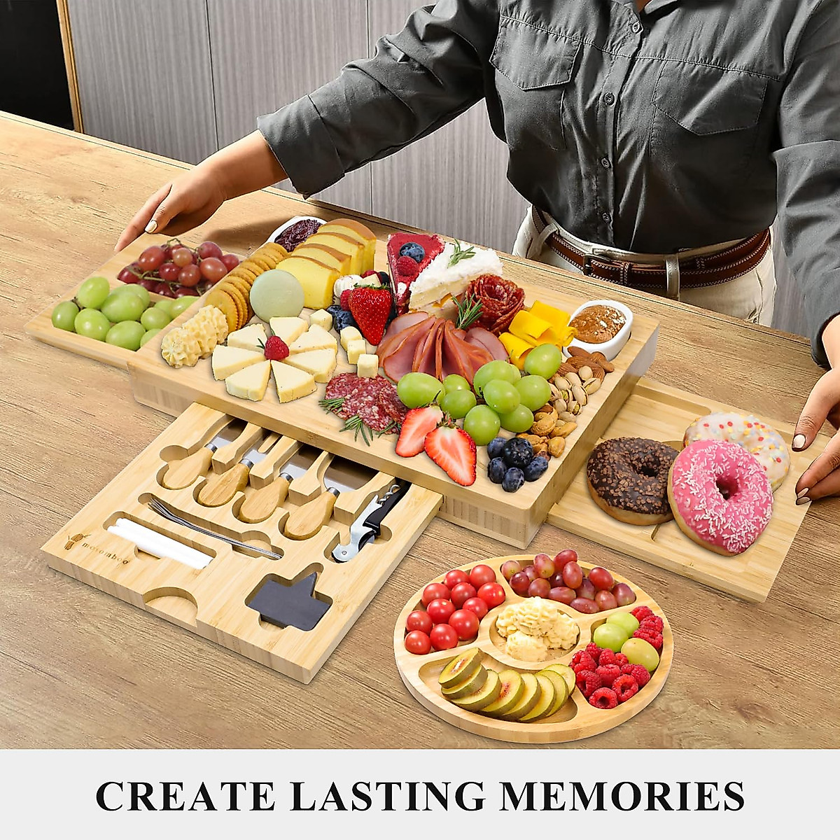 Mosomboo Charcuterie Board Set, Bamboo Cheese Board Set, Large Charcuterie Boards Gift Set with Knife Set for Entertaining, Housewarming Gifts, Wedding & Bridal Shower Gifts, Christmas
