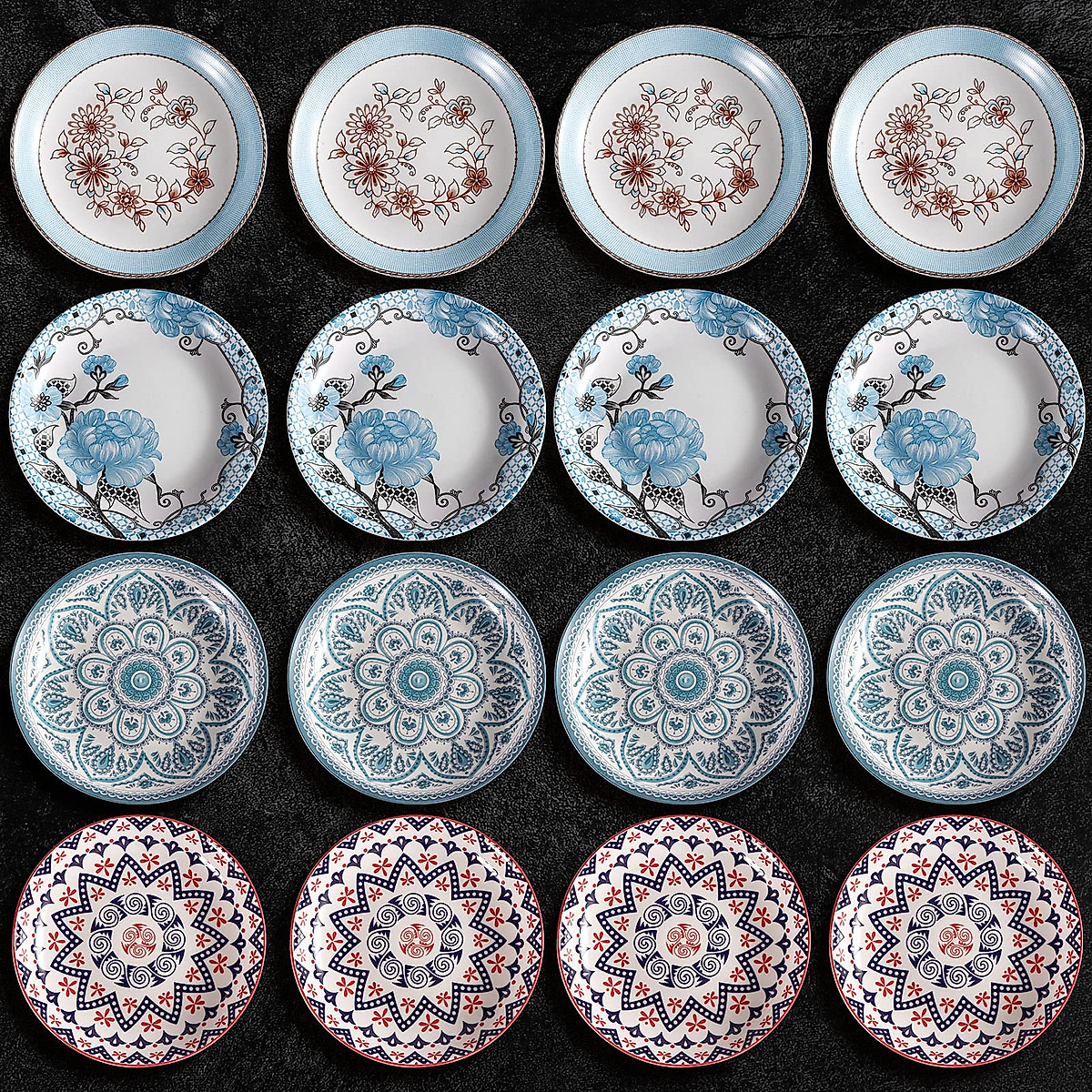 Artena Pasta Bowls Set Of 4, 20oz Porcelain Salad Bowls, 8 Inch Bowls For Kitchen, Colorful Dinner Plates & Solid Soup and Sandwich Plate Combo, 16 oz Soup Bowls/Mugs/Cups with Handles