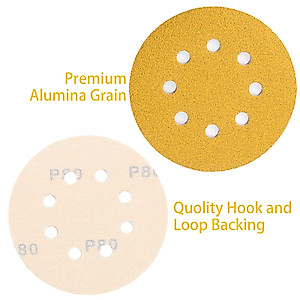 5 Inch Gold Sanding Discs, 80 Grit Sandpaper 8 Hole Sanding Disc Hook and Loop Round Orbital Sander Sandpaper for Wood,100 Pack