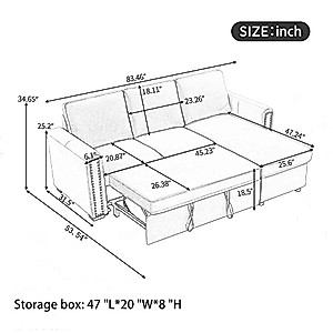 Tulib Reversible Sectional Sleeper Sofa with Storage Chaise, L-Shape 3 Seat Velvet Corner Couch with Pulled Out Bed, for Living Room, Office, 83 Dark Gray