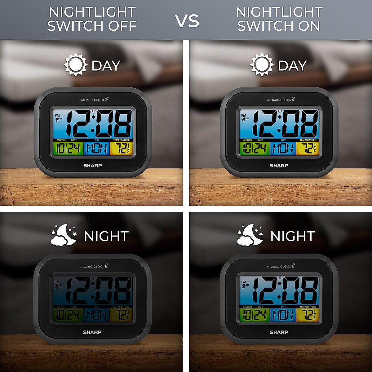 Sharp Atomic Digital Alarm Clock, Battery Operated Self-Setting Digital Wall or Desk Clock, Easy to Read Color Display Nightlight with Indoor Temperature and Calendar