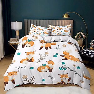 AILONEN Fox Duvet Cover Set,Fox Bedding Set Full Size,Animal Pattern Printed Comforter Cover Set for Kids,1 Quilt Cover 2 Pillowcases 3 Piece