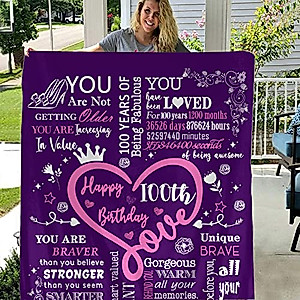 LGNACELEE 100th Birthday Decoration Gift for Women Blanket, Birthday Gift Ideas Throw Blanket, 100 Years Old Birthday Gift for Grandma, Mom, Friend, Sister, Wife, Aunt, Coworker, Purple, 50 x 60 Inch