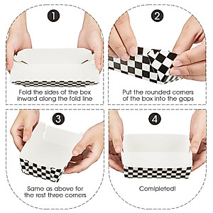 100 Pieces Checkered Paper Food Trays 2 lb Race Car Birthday Party Supplies Plaid Black and White Popcorn Trays Hot Dog Chips Trays Paper Baskets Small Food Boats, Need to Assemble