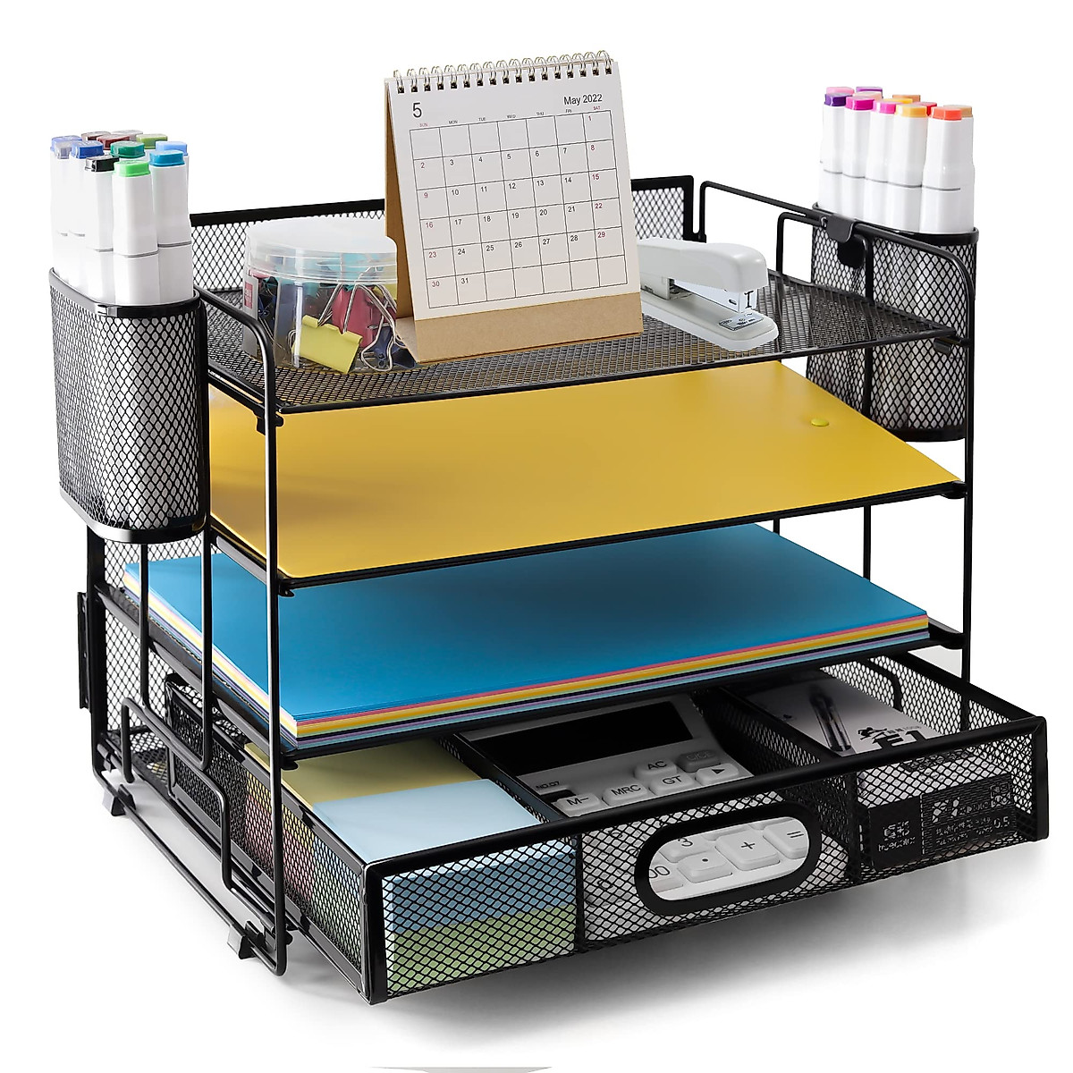 Zikopomi Black Professional Desk Organizer with 3 Compartments, Pen Holder, Drawer, Letter Tray for Office, School, Home